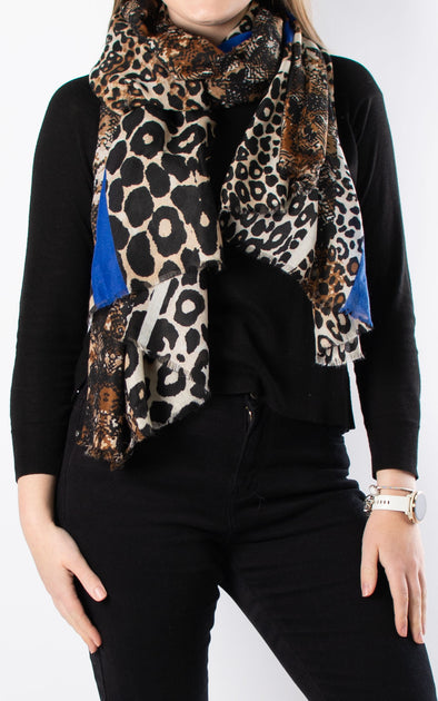 Animal Print Scarf | Blue Border – Scarf Room : Scarves And Pashminas
