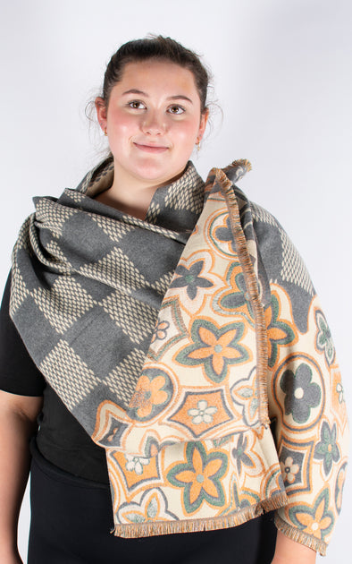Autumn Winter Scarf | Print Hem Check Pattern | Grey – Scarf Room ...