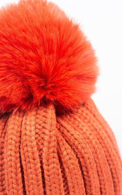 Faux Fur Pom Pom Rib Hat | Rust – Scarf Room : Scarves And Pashminas